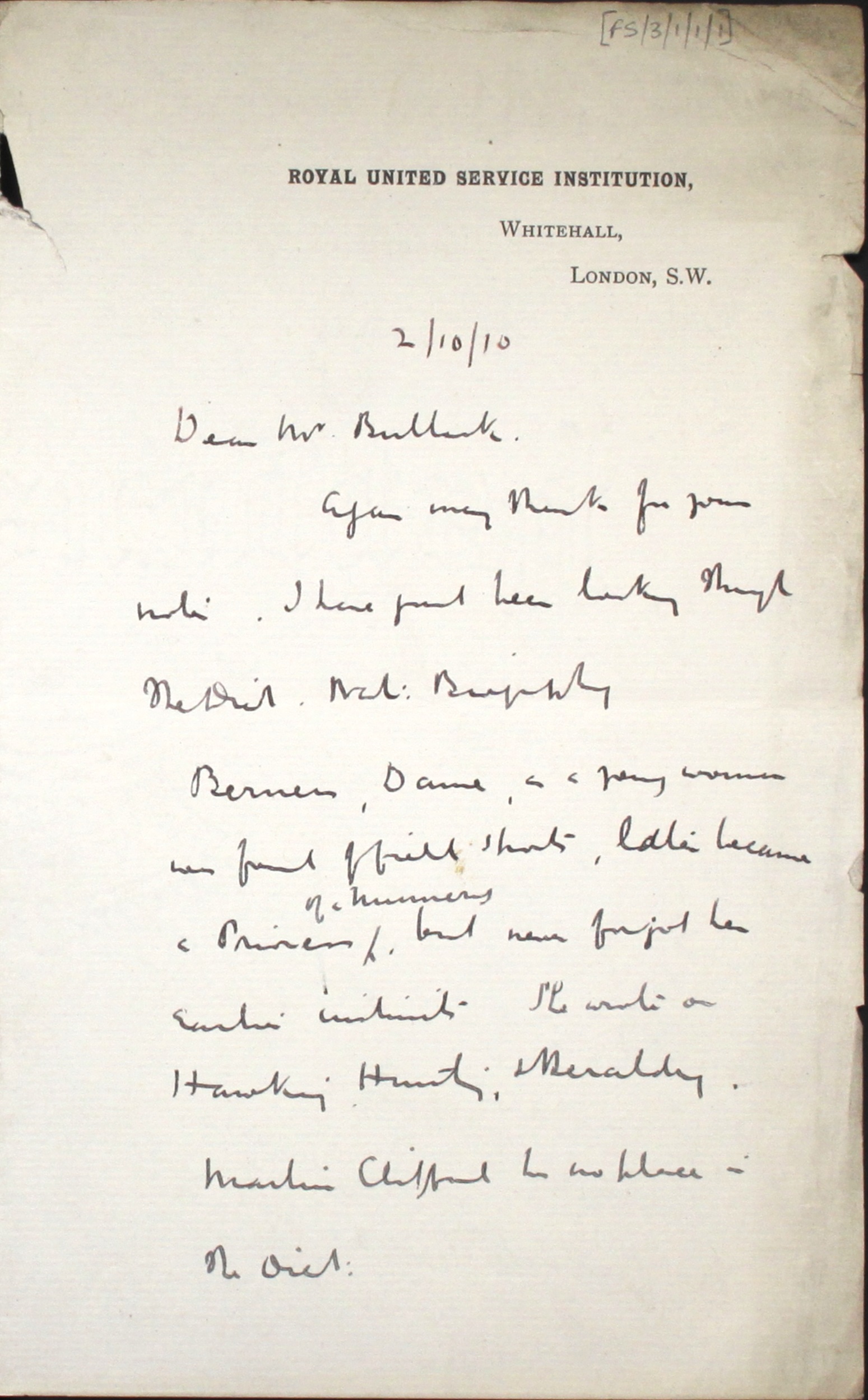 1 - Letter to Fred Bullock from Frederick Smith, 2 Oct 1910 - RCVS Vet ...